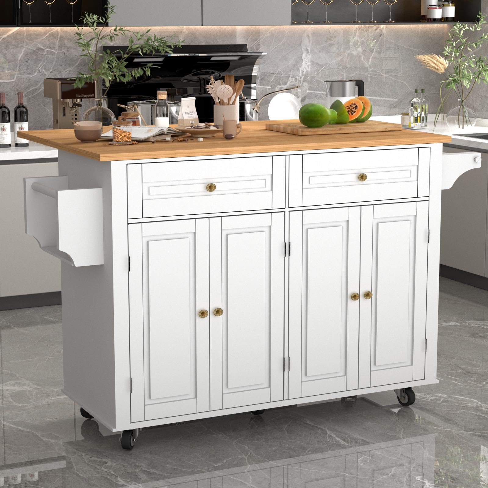 Kitchen Island Cart with Drop Leaf, Rolling Mobile Kitchen Island Table on Wheels with Storage Cabinet, Drawer, Spice/Towel Rack, White