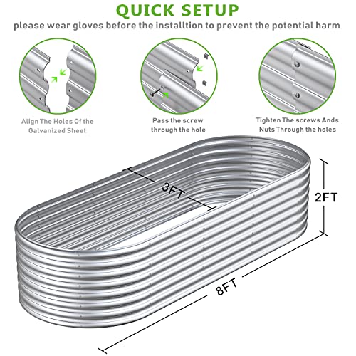 FRIZIONE 8x3x2FT Galvanized Metal Raised Garden Bed for Vegetables, Outdoor Garden Raised Planter Box, Backyard Patio Planter Raised Beds for Flowers, Herbs, Fruits