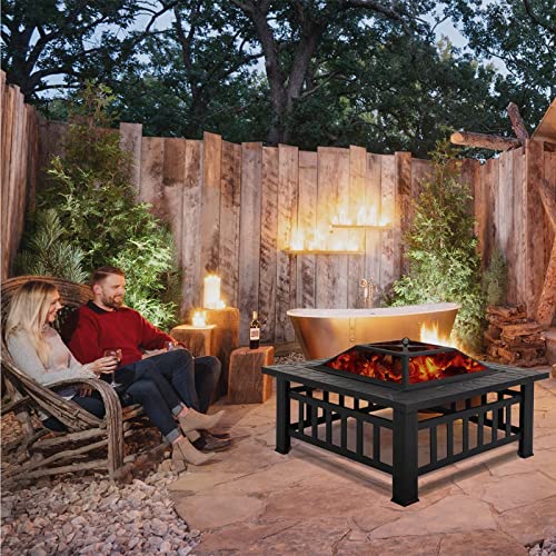 Hkeli 32 inches Fire Pit Square Metal Fire Pit Firepit Outdoor Multifunctional Fire Pit Table Wood Burning Fireplace with Spark Screen & Safety Poker for Patio Backyard Garden, black