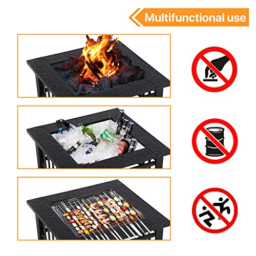 Hkeli 32 inches Fire Pit Square Metal Fire Pit Firepit Outdoor Multifunctional Fire Pit Table Wood Burning Fireplace with Spark Screen & Safety Poker for Patio Backyard Garden, black