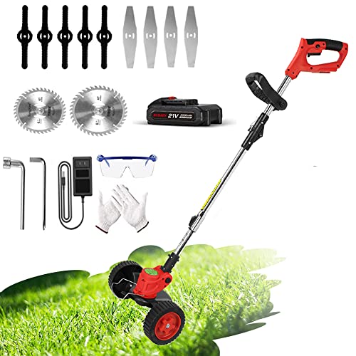 HUDAEN Cordless Grass Trimmer Weed Wacker, 3-in-1 String Trimmer Lawn Edger with 21V 2Ah Li-ion Battery for Garden and Yard with Wheel, Lightweight Adjustable Height Weed Eater Tool (Red)