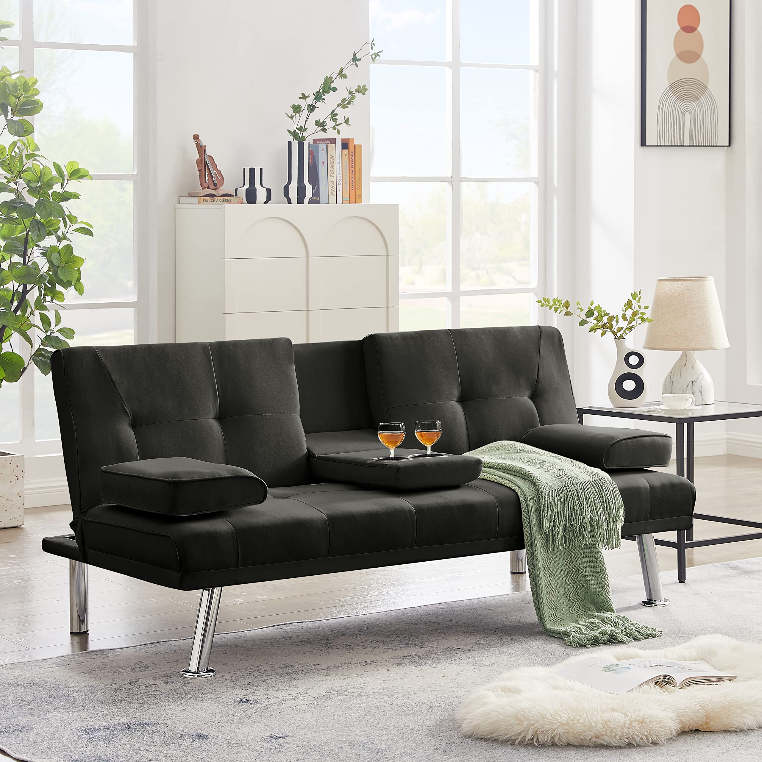 Eafurn Upholstered Futon Sofa Bed with Mattress and Frame, Convertible Loveseat Lounge Couch Daybed,Folding Love Seat w/Adjustable Backrest,Small Tufted Sofa & Couches for for Overnight Guest