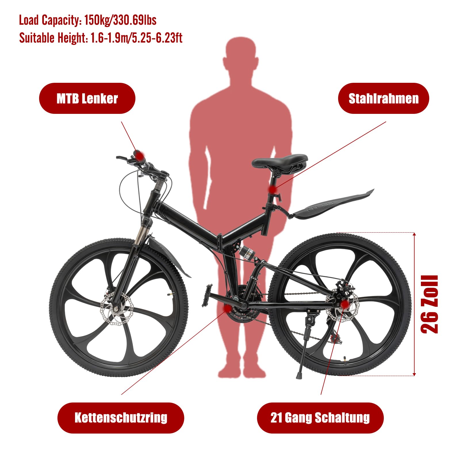 TBVECHI Folding Bike, 21 Speed 26 Inch Folding Mountain Bikes for Women and Men with Double Disc Brakes, High-Carbon Steel Frame, Adjustable Height, Load Capacity 330.69lbs