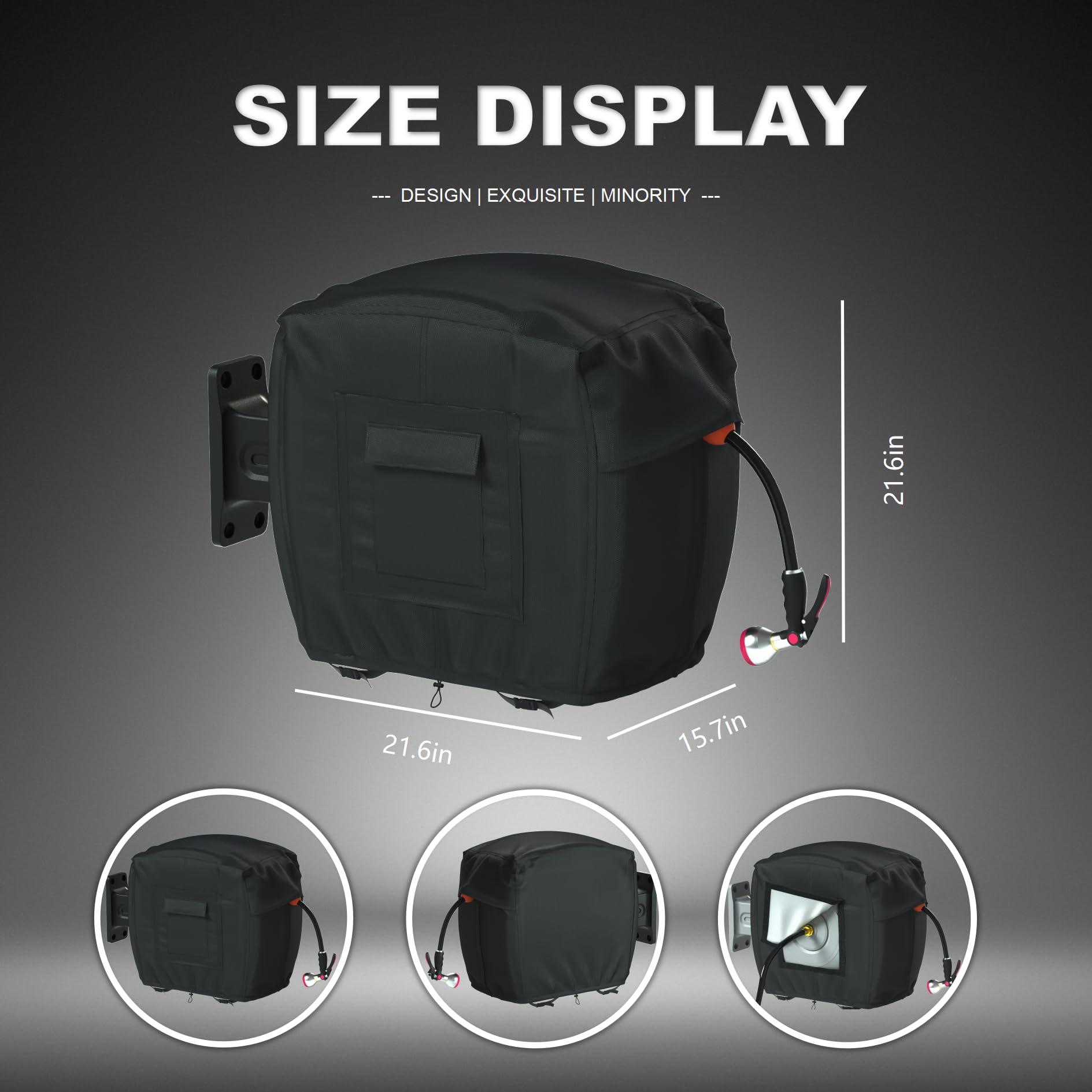 Garden Hose Reel Cover UV Resistant, 100% Waterproof and Anti-Fading Cover for Water Hose Reel,Heavy Duty 600D Polyester Coated Material,With Storage Function ,Black(21.6″ x 15.7″ x 21.6″)