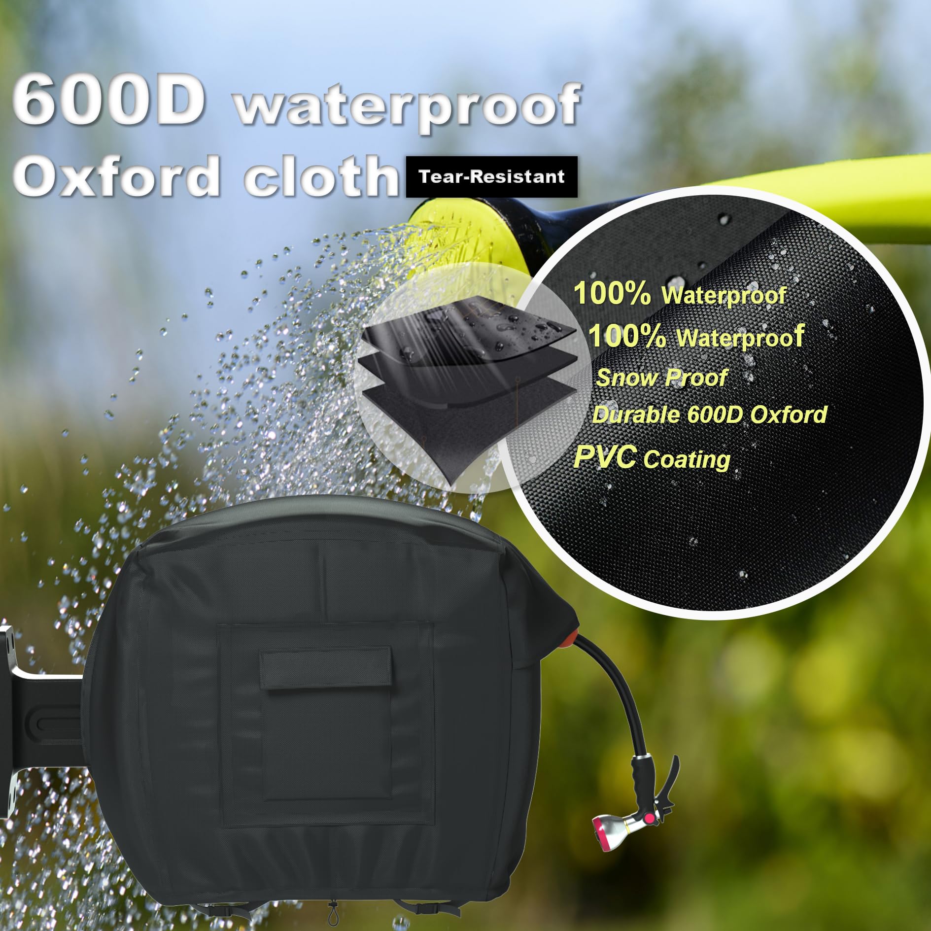 Garden Hose Reel Cover UV Resistant, 100% Waterproof and Anti-Fading Cover for Water Hose Reel,Heavy Duty 600D Polyester Coated Material,With Storage Function ,Black(21.6″ x 15.7″ x 21.6″)