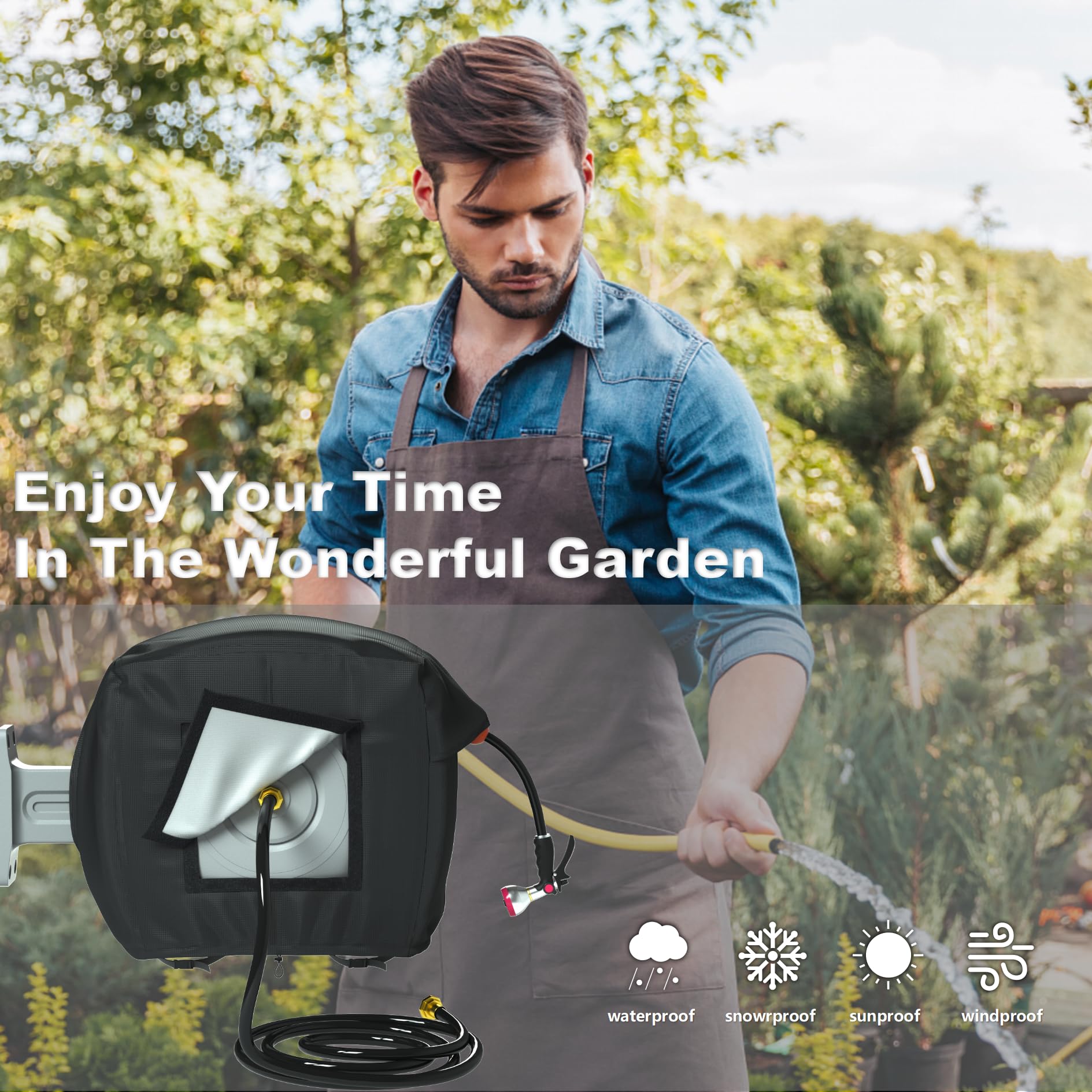 Garden Hose Reel Cover UV Resistant, 100% Waterproof and Anti-Fading Cover for Water Hose Reel,Heavy Duty 600D Polyester Coated Material,With Storage Function ,Black(21.6″ x 15.7″ x 21.6″)