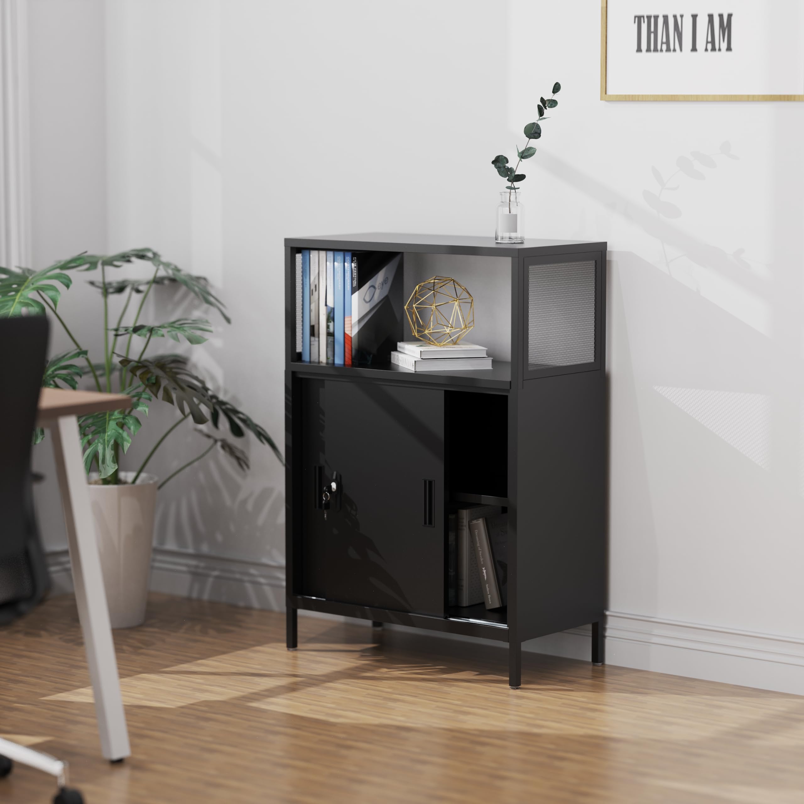 DiMorture Metal Office Cabinet File Cabinet Lockable, Printer Stand with Sliding Doors and Adjustable Shelves, Lateral Office Filing Cabinet for Letter, A4, Legal and File Folders, Black