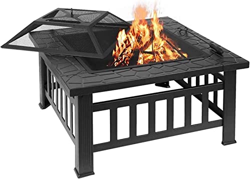 LEAYAN Garden Fire Pit Grill Bowl Grill Barbecue Rack Fire Pits,32" Outdoor Fire Pit Metal Square Firepit Wood Burning Backyard Patio Beaches Camping Picnic Bonfire Stove with Spark Screen Cover