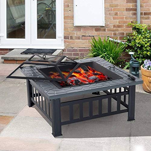 LEAYAN Garden Fire Pit Grill Bowl Grill Barbecue Rack Fire Pits,32" Outdoor Fire Pit Metal Square Firepit Wood Burning Backyard Patio Beaches Camping Picnic Bonfire Stove with Spark Screen Cover