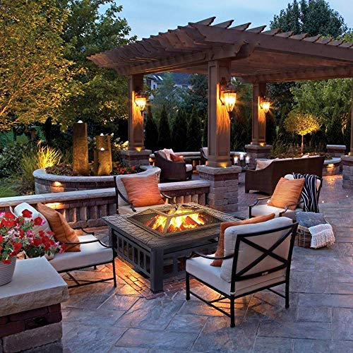 LEAYAN Garden Fire Pit Grill Bowl Grill Barbecue Rack Fire Pits,32" Outdoor Fire Pit Metal Square Firepit Wood Burning Backyard Patio Beaches Camping Picnic Bonfire Stove with Spark Screen Cover