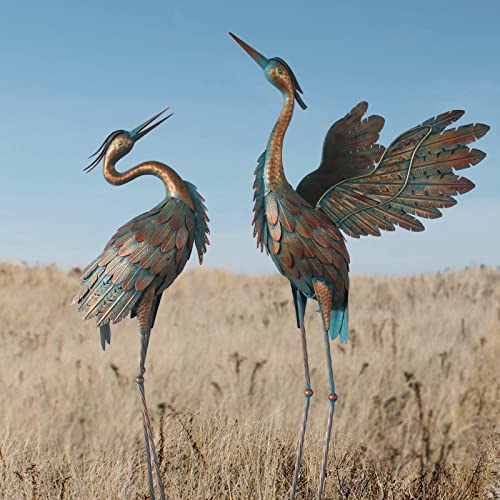 Oritty Crane Statues for Garden Decor, Metal Yard Art Heron Garden Statues, Standing Garden Sculptures & Statues for Yard Decorations Outdoor, 38-42 Inch Set of 2, Copper