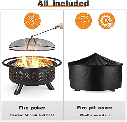 LEAYAN Garden Fire Pit Grill Bowl Grill Barbecue Rack Thicken Fire Pit,36" Large Wood Burning Fire Pit with Spark Screen Poker & Waterproof Cover Outdoor Fire Pit for Bonfire Party BBQ Heating