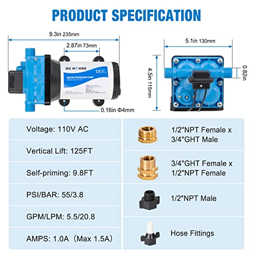 DC HOUSE 5.5GPM 55PSI High Pressure Water Pump 110V include 3/4" Garden Hose Adapters, Power Plug, Water Pressure Booster Pump for Home Irrigation Transfer Washdown