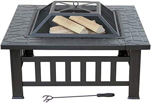 LEAYAN Garden Fire Pit 32in Outdoor Fire Pit Metal Square Firepit Portable Grill Barbecue Rack Wood Burning Backyard Patio Beaches Camping Picnic Bonfire Stove with Cover BBQ Cooking for Backyard