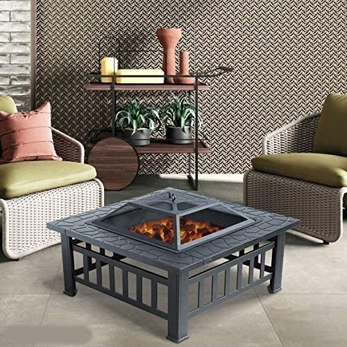 LEAYAN Garden Fire Pit 32in Outdoor Fire Pit Metal Square Firepit Portable Grill Barbecue Rack Wood Burning Backyard Patio Beaches Camping Picnic Bonfire Stove with Cover BBQ Cooking for Backyard