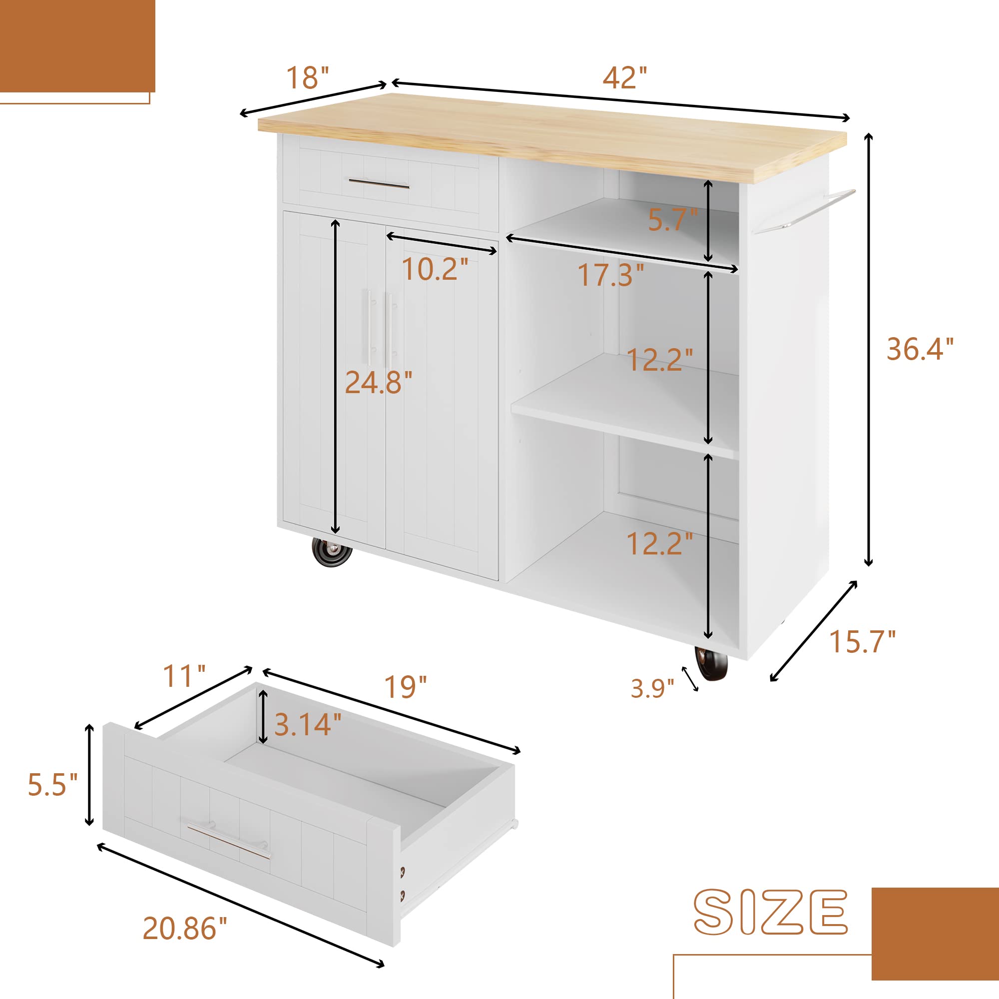 SUNLEI Kitchen Island with Storage Cabinet, 42" Kitchen Cart on Wheels with Shelves, Cart Handle for Towel Rack or Free Mobility, Portable Islands for Kitchen(Stylish White, 42-INCH)