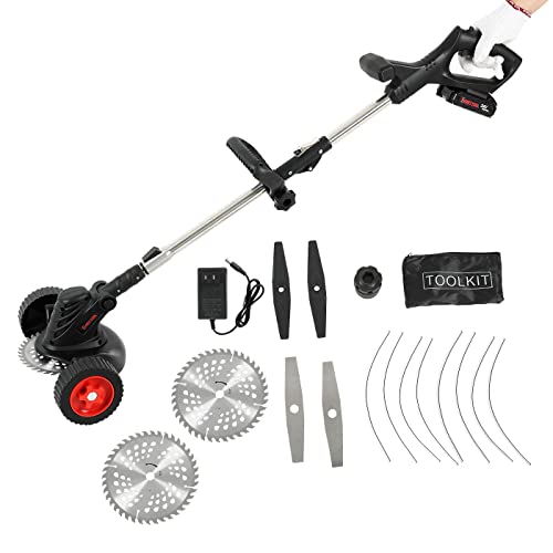 Cordless Weed Eater Battery Powered Black, 4-in-1 Electric Weed Eater 2.0 Ah Li-ion Battery, 3 Types Blades and 8 Lines for Garden and Yard Trimming by Shintyool