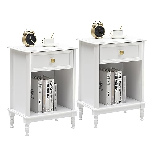 IDEALHOUSE White Nightstands Set of 2, Bedroom Nightstand with Drawer and Storage Shelf, Modern End Table Side Table for Bedroom Living Room College Dorm