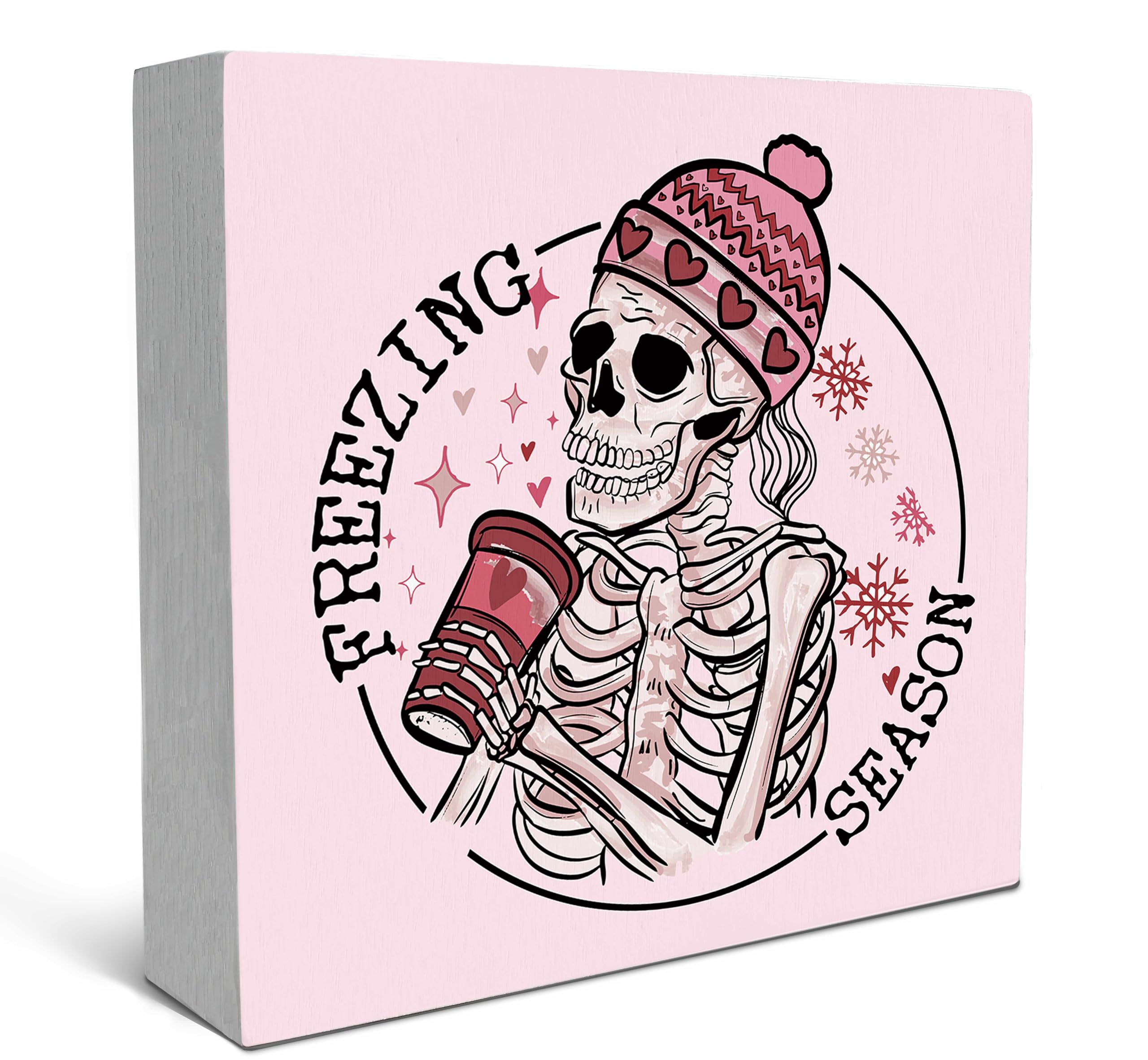 SRADMO Freezing Season Skull Wood Box Sign Desk Decor, Winter Decor, Winter Decorations, Pink Decor, Pink Decor For Bedroom Home Office, Christmas Pink Decorations, Winter Signs Shelf Table Decor