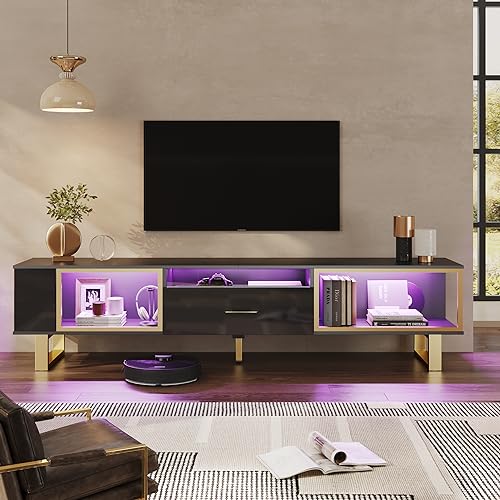 Bestier 70 Inch TV Stand for 75/77/80 Inch TV, LED Gaming Entertainment Center with Open Storage & Drawer, Modern High Gloss TV Console Table for Living Room Bedroom, Black and Gold