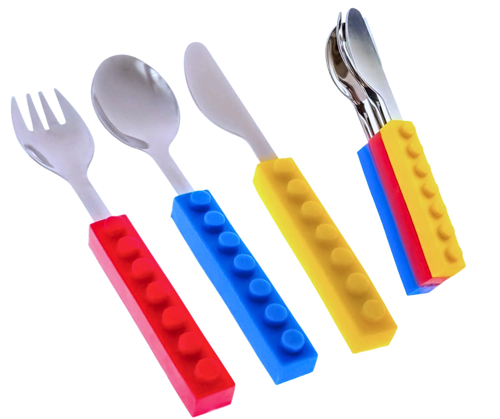 Toddler Utensils: Stackable Spoon, Fork & Knife. Fun Silverware for Kids. Stainless Steel Tableware for Children - Birthdays, Christmas, Building Blocks Party Sets.
