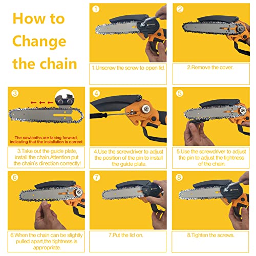Mini Chainsaw Cordless, Electric Chain Saw, Upgraded 6 Inch Handheld Chainsaw, Small Chainsaw With Security Lock, Pruning Saw for Trees Branches Trimming Wood Cutting (2Pcs Batteries and 2Pcs Chains)