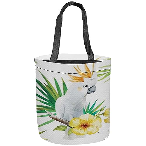 Fubido Parrot Print, Halloween Trick or Treat Bags,Hibiscus with Bird,Candy Bucket Tote Bag,White Yellow Green