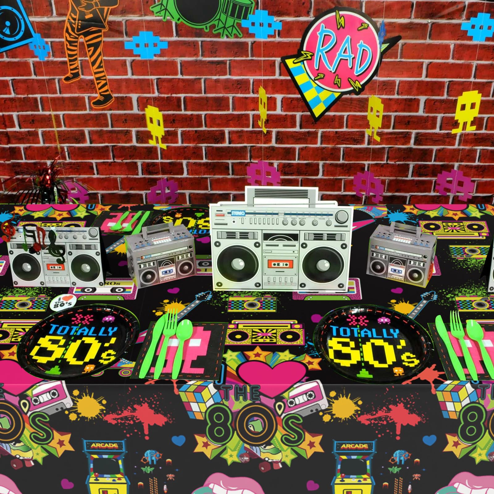 FunHot 80s Tablecloths, 4 Pcs 54 x 108 Inch Waterproof Black Print Rectangular Table Covers for 80s Nostalgia Party Decorations
