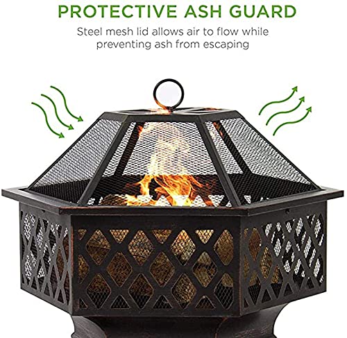 NaoSIn-Ni Garden Square Metal Brazier, Fire Pit with BBQ Grill Shelf Garden with Poker, Grill, Mesh Lid, Grate 63 61cm