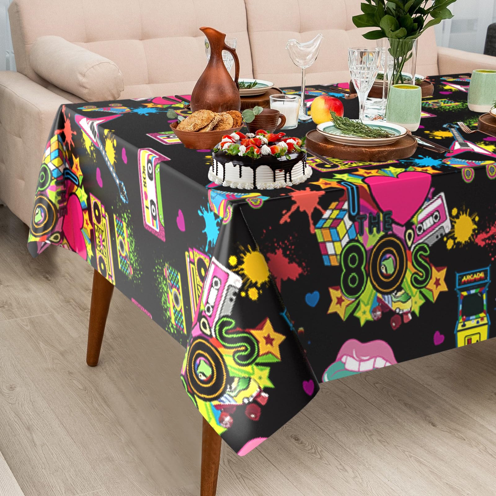 FunHot 80s Tablecloths, 4 Pcs 54 x 108 Inch Waterproof Black Print Rectangular Table Covers for 80s Nostalgia Party Decorations