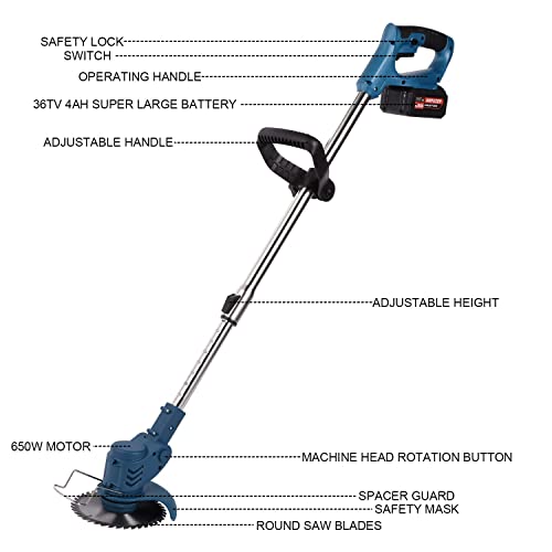 Weed Wacker Cordless Brush Cutter with 9Blades,Electric Brush Cutter Stringless Weed Eater Battery Weed Wacker Battery Powered by 2Pcs 36TV 4Ah Batteries,String Trimmer for Lawn Garden,Lightweight