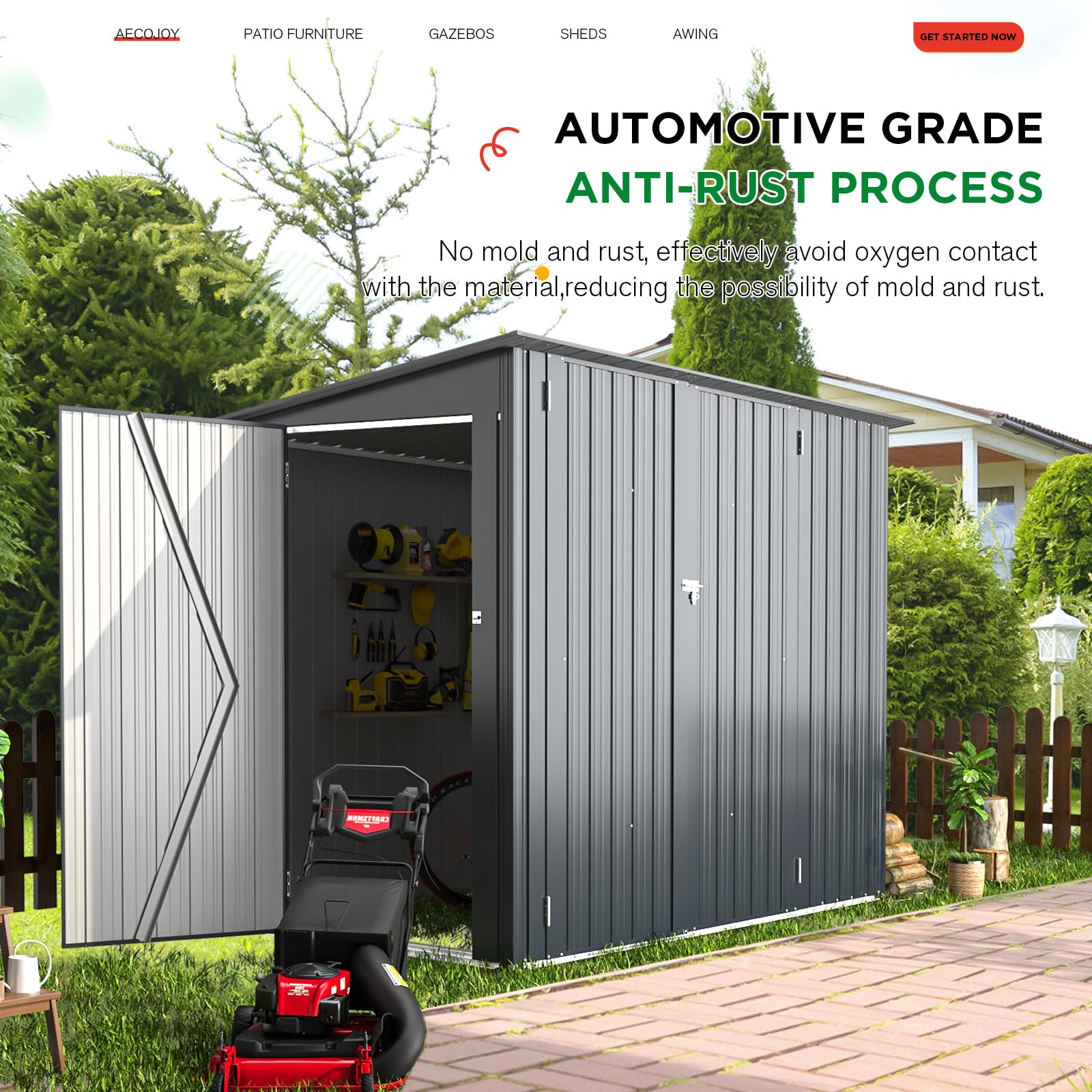 AECOJOY Storage Shed, 4' x 7.5' Bike Sheds & Outdoor Storage with Racks, Metal Double-Sided Door Storage Cabinet Sheds for Garden