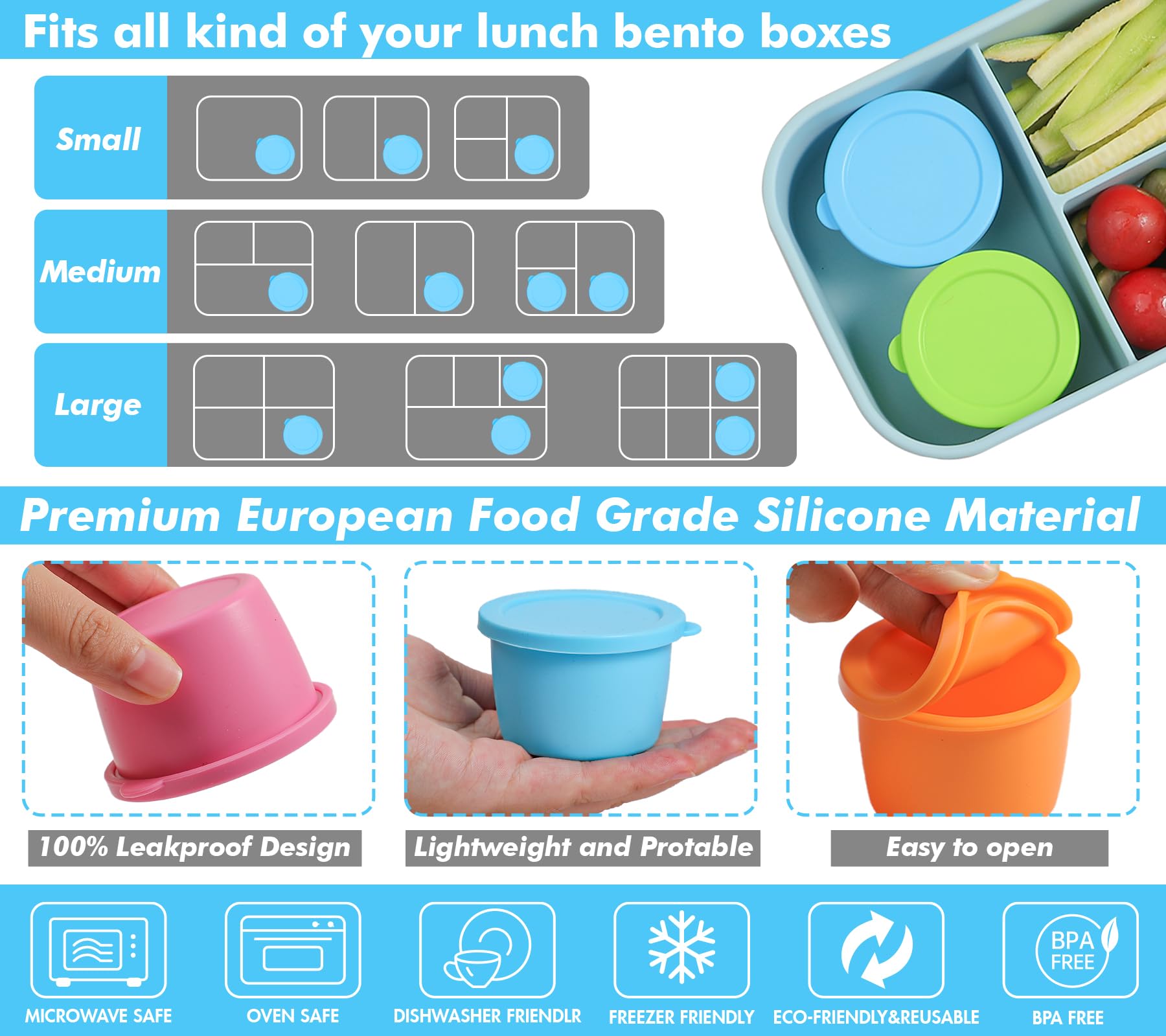 KOLUTI 2.4oz Salad Dressing Container To Go 8 Pack, Nonstick Silicone Condiment Portion Cup with Lid, Small Sauce Storage Box for Lunch Bento, Leak-proof, BPA Free, Dishwasher & Microwave & Oven Safe