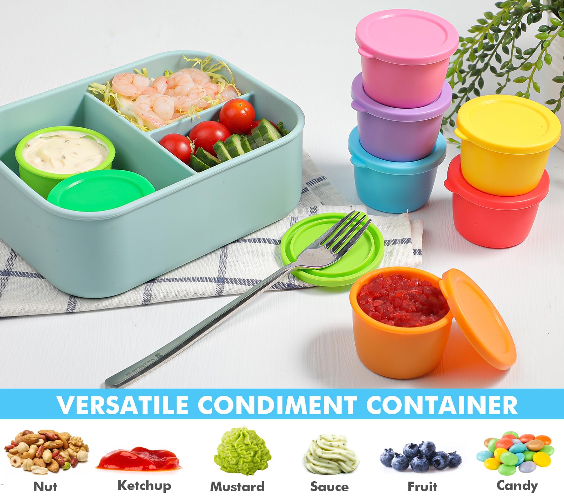 KOLUTI 2.4oz Salad Dressing Container To Go 8 Pack, Nonstick Silicone Condiment Portion Cup with Lid, Small Sauce Storage Box for Lunch Bento, Leak-proof, BPA Free, Dishwasher & Microwave & Oven Safe
