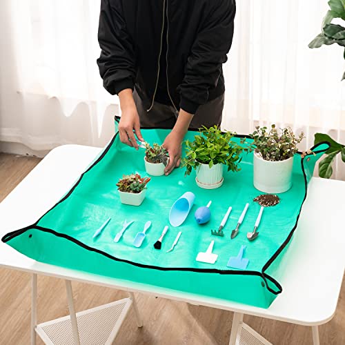 Melphoe 23Pcs Mini Garden Hand Transplanting Succulent Tools Set, 39.4" Thickened Repotting Mat & Plant Tag, Miniature Planting Indoor Fairy Care, Potting, Cactus, Houseplant Bonsai Tool Kit (Blue)