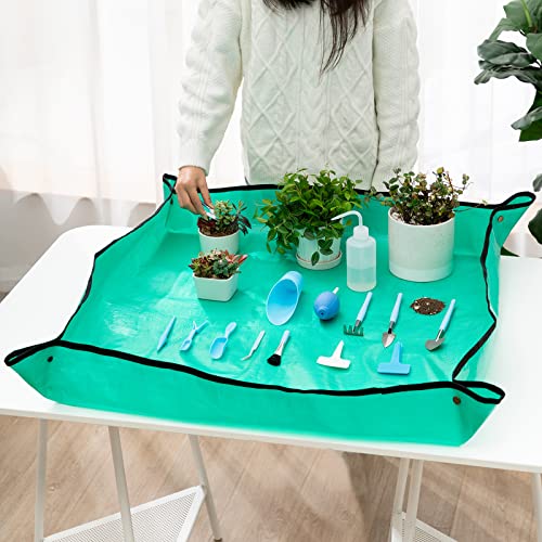 Melphoe 23Pcs Mini Garden Hand Transplanting Succulent Tools Set, 39.4" Thickened Repotting Mat & Plant Tag, Miniature Planting Indoor Fairy Care, Potting, Cactus, Houseplant Bonsai Tool Kit (Blue)