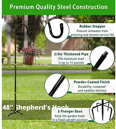 Garden Shepherd Hook Outdoor with 5 Prong Base, Bird Feeder Pole Hanger Holder Stand, Adjustable Heavy Duty Solar Light Plant Lantern Hanger Holder, Wedding Decor Matte Black (48 Inch- 2 Packs)