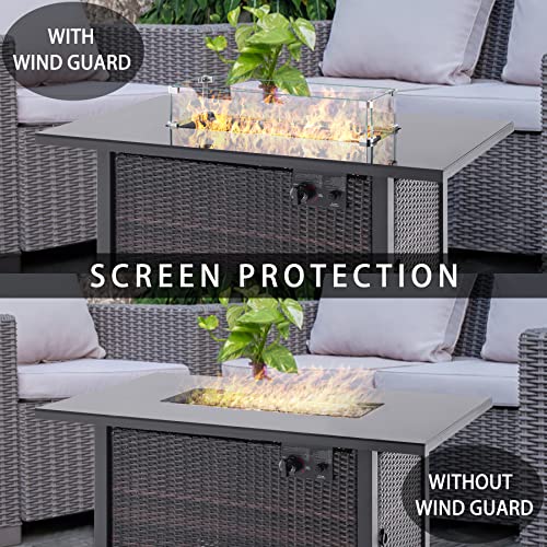 CUREALLSO 43 Inch Propane Fire Pit Table, 50,000 BTU Auto-Ignition Gas Fire Pit Table Rattan Look with Glass Wind Guard , Waterproof Cover, CSA Approved for Courtyard Terrace Gardens