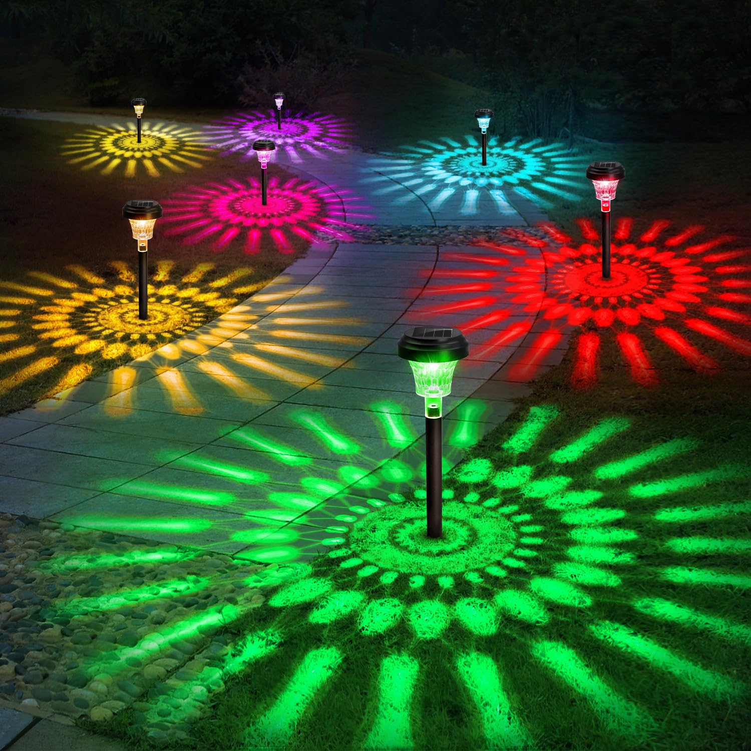 ROOR Solar Pathway Lights 4 Pack, Outdoor Solar Yard Lights, RGB Color Changing+Warm White, IP67 Waterproof LED Solar Lights for Garden Path Backyard Christmas Lawn Landscape Decorative