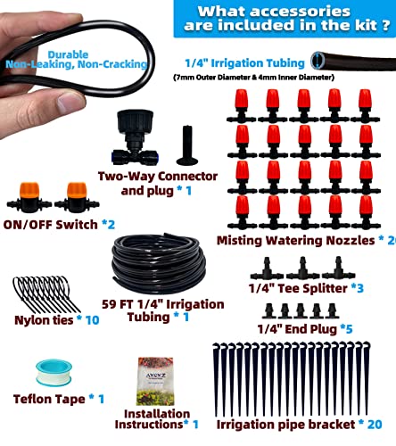 AWOWZ 59FT/18M Drip Irrigation Kits, 1/4"Drip Tubing and Two-Ways Connector, All-in-one Misters, DIY Saving Water Automatic Mist Irrigation System for Lawn, Garden, Greenhouse, Livestock Farm
