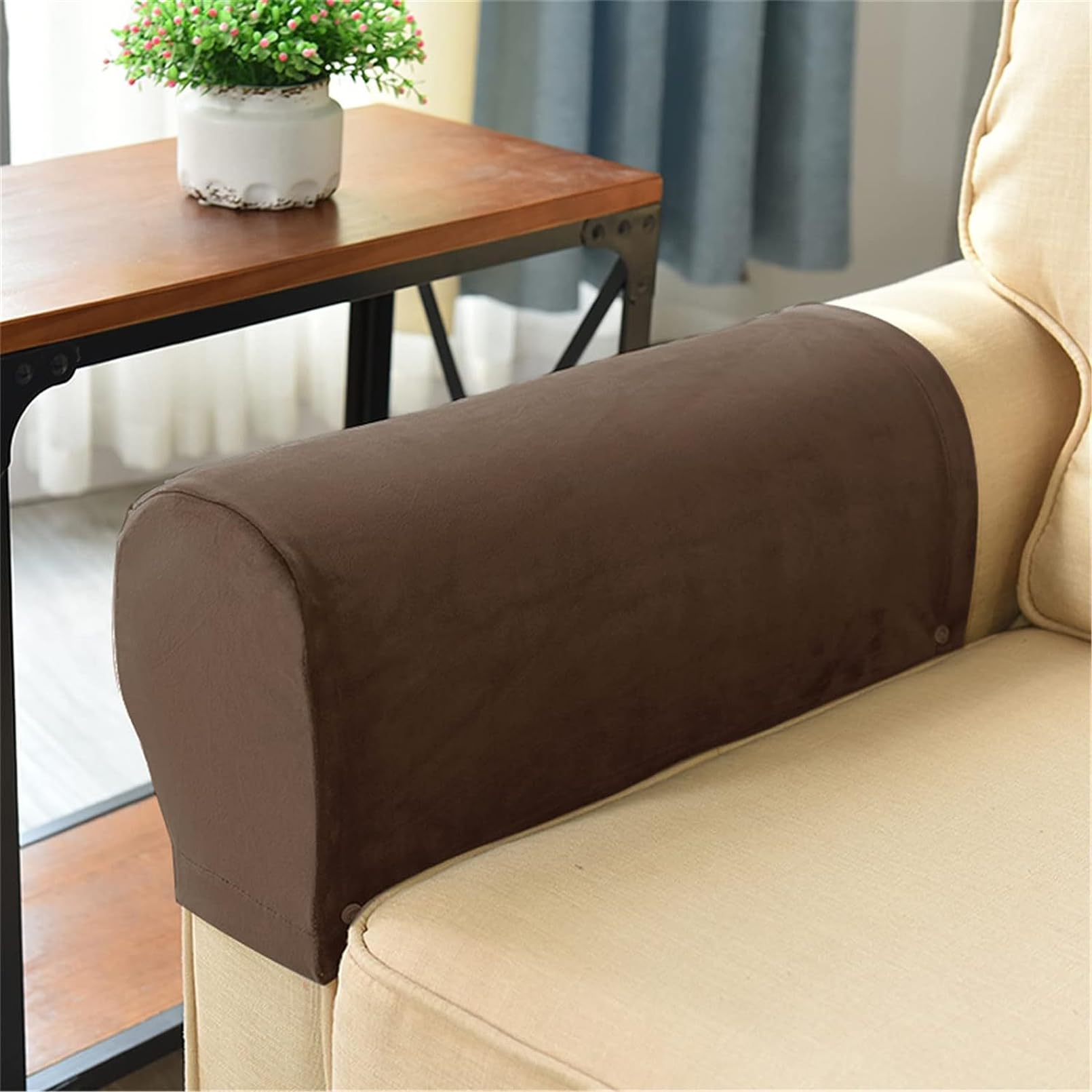 Set of 2 Velvet Stretch Armrest Covers for Chairs and Sofas Armchair Slipcover for Recliner Sofa Anti-Slip Soft Washable Sofa Arm Covers Protector,Coffee