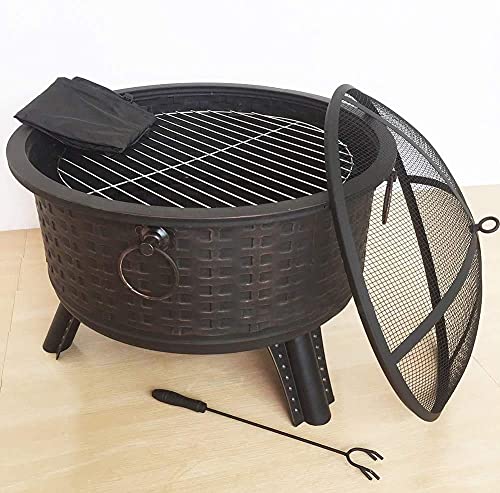 LEAYAN Garden Fire Pit Grill Bowl Grill Barbecue Rack Fire Pit,BBQ Grill Outdoor Fire Pit Round Steel Wood Burning with Spark Screen and Fire Poker for Backyard Patio Camping Deck