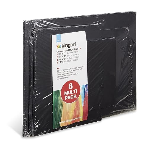KINGART 880-8 Black 8 Pc. Multi-Size Artist Canvas Boards, Gesso Primed - 100% Cotton Rectangular Boards, Art Supplies for Oil and Acrylic Paint, 2 Ea. 5x7, 8x10, 9x12, 11x14