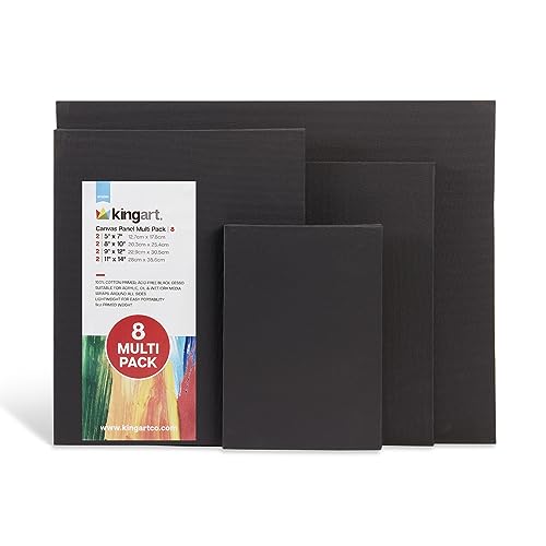 KINGART 880-8 Black 8 Pc. Multi-Size Artist Canvas Boards, Gesso Primed - 100% Cotton Rectangular Boards, Art Supplies for Oil and Acrylic Paint, 2 Ea. 5x7, 8x10, 9x12, 11x14