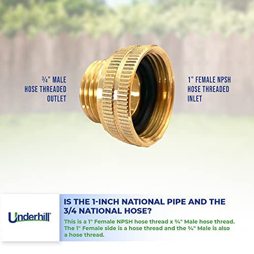 Underhill Garden Hose Adapter Connector Heavy-Duty, Solid Brass Fittings Female to Male Adapter, 1-Inch Female Hose Thread x 3/4-Inch Male Hose Thread, A-BA107FM