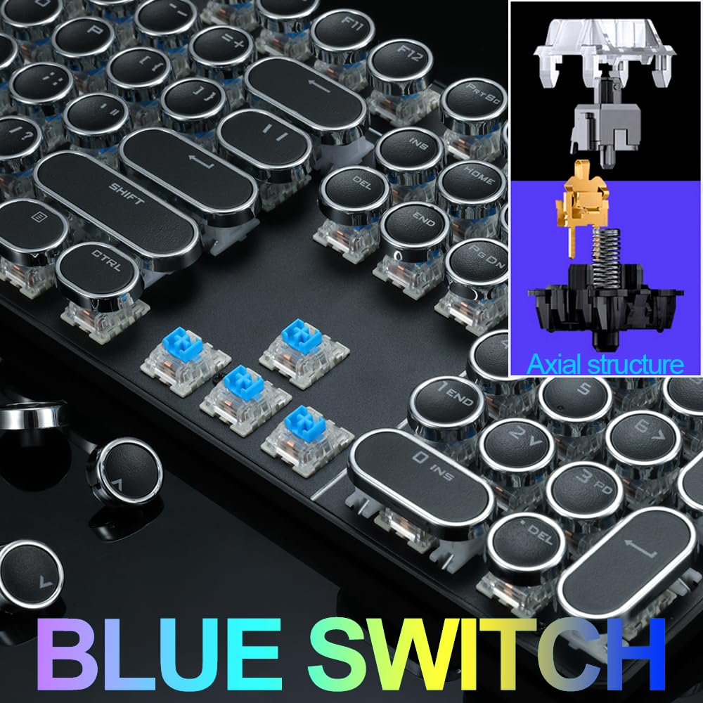 CPAROPAO Typewriter Mechanical Keyboard Blue Switch RGB Backlit Punk Round Keycap 104 Keys Retro Gaming Keyboard Wired (104keys Black(Round keycaps))