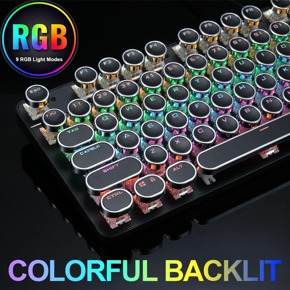 CPAROPAO Typewriter Mechanical Keyboard Blue Switch RGB Backlit Punk Round Keycap 104 Keys Retro Gaming Keyboard Wired (104keys Black(Round keycaps))