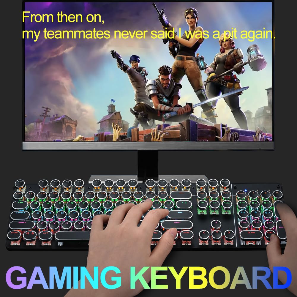 CPAROPAO Typewriter Mechanical Keyboard Blue Switch RGB Backlit Punk Round Keycap 104 Keys Retro Gaming Keyboard Wired (104keys Black(Round keycaps))