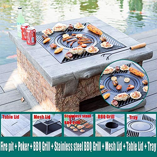 QHYXT Wood Fire Pits Outdoor Imitation Stone Terrace Backyard Outdoor Firewood Brazier, Garden Fireplace BBQ Grill Table Set, 75cm/29.5"