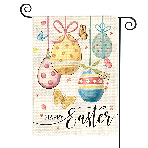 AVOIN colorlife Happy Easter Garden Flag 12x18 Inch Double Sided Outside, Easter Eggs Butterfly Pascha Yard Outdoor Decoration